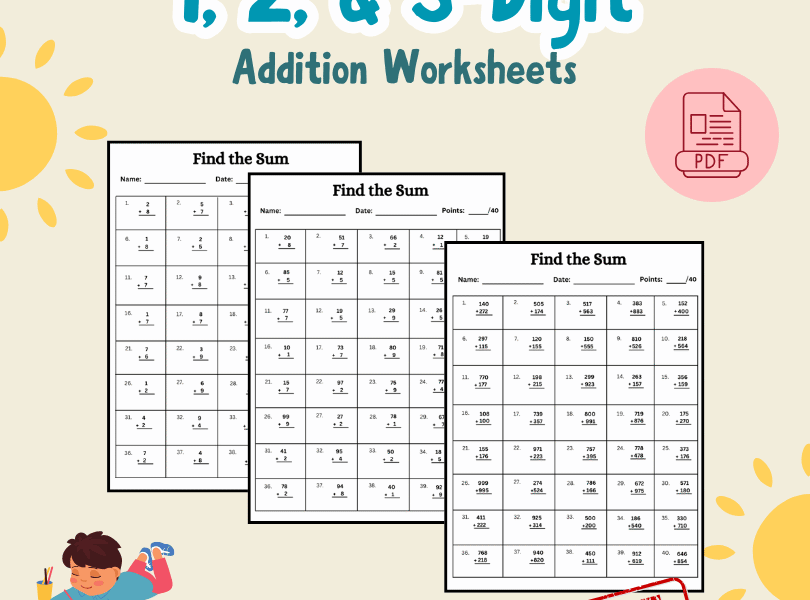 1, 2, and 3-Digit Addition Worksheet with Answer key – SHOP