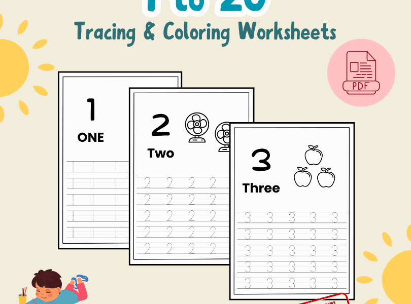 1 to 20 Number Tracing and Coloring Worksheet for Kindergarten – SHOP