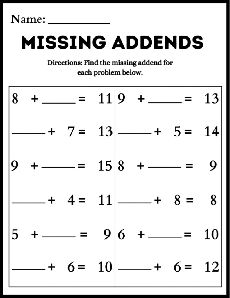 One-Digit Missing Addend Worksheet for First Grade – SHOP