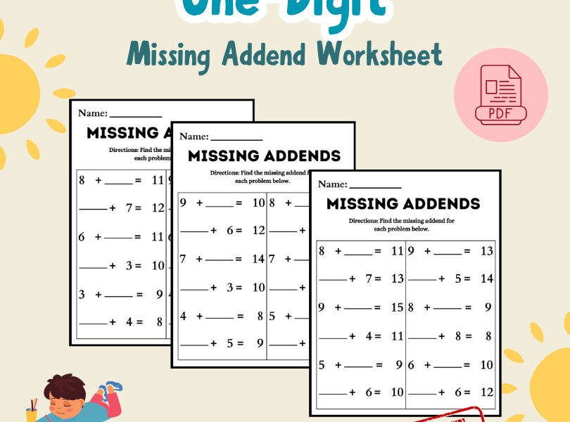 One-Digit Missing Addend Worksheet for First Grade – SHOP